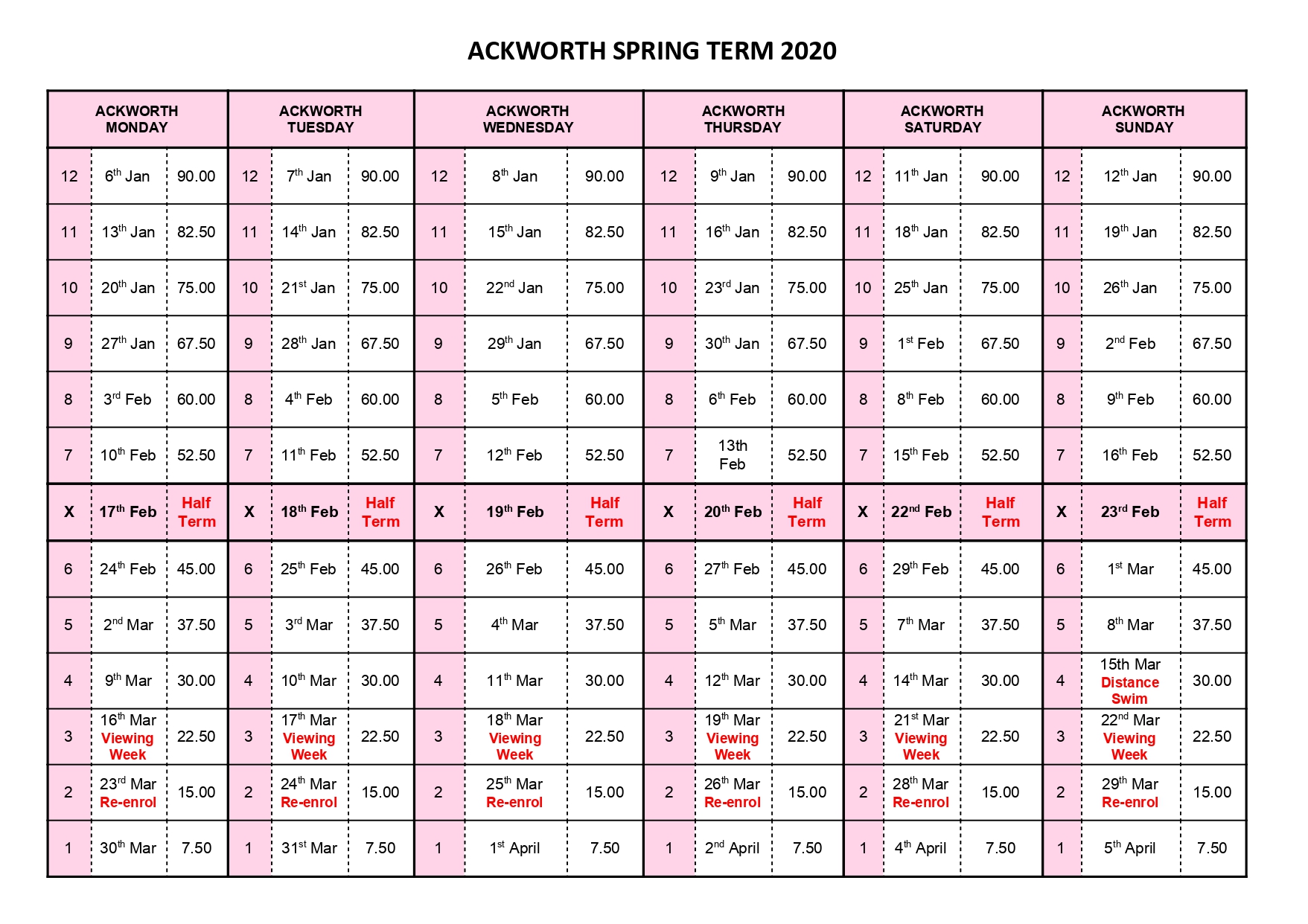 Course Dates | Pisces Swimming School