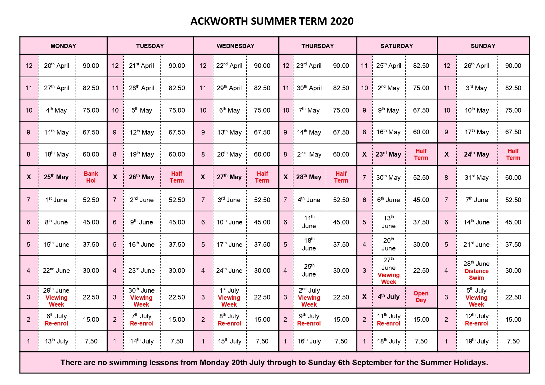 Course Dates | Pisces Swimming School