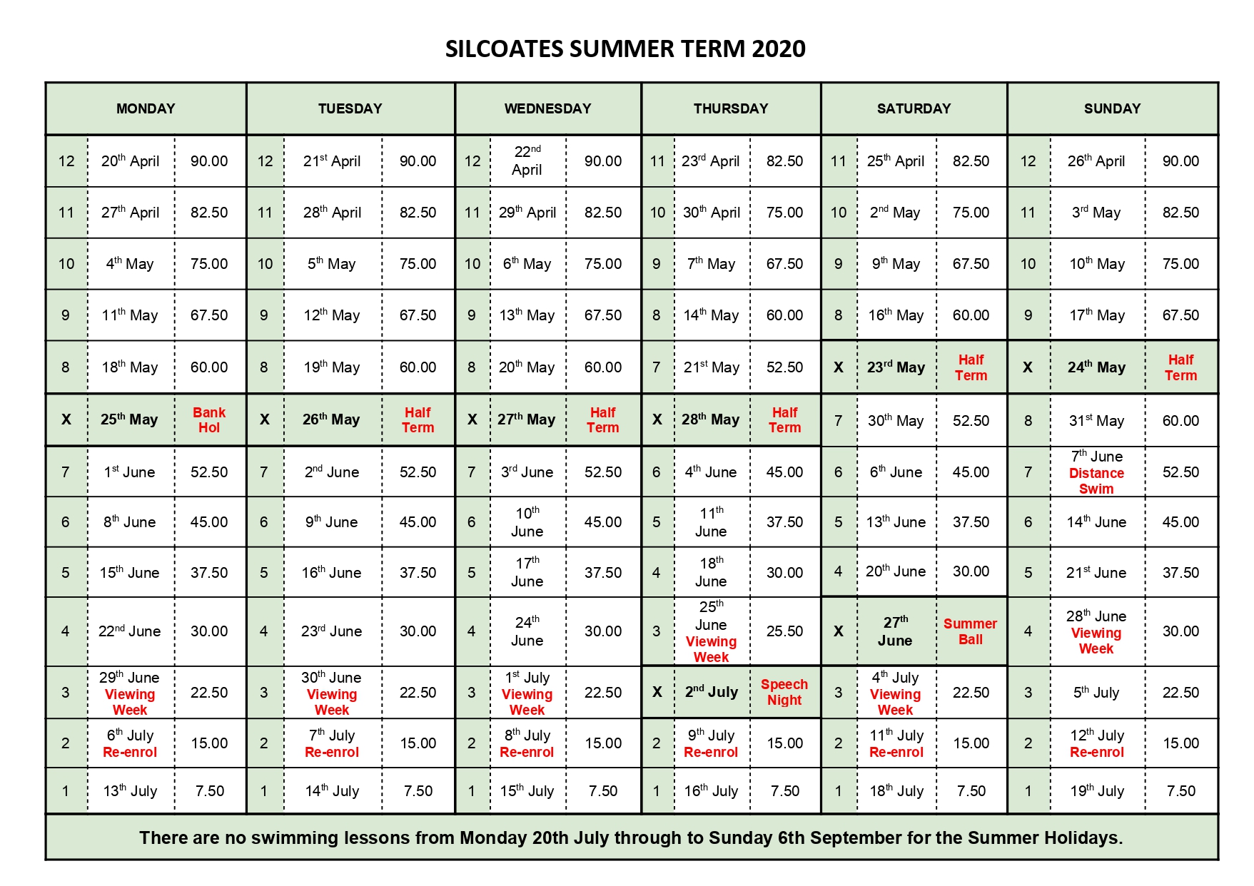 Course Dates | Pisces Swimming School