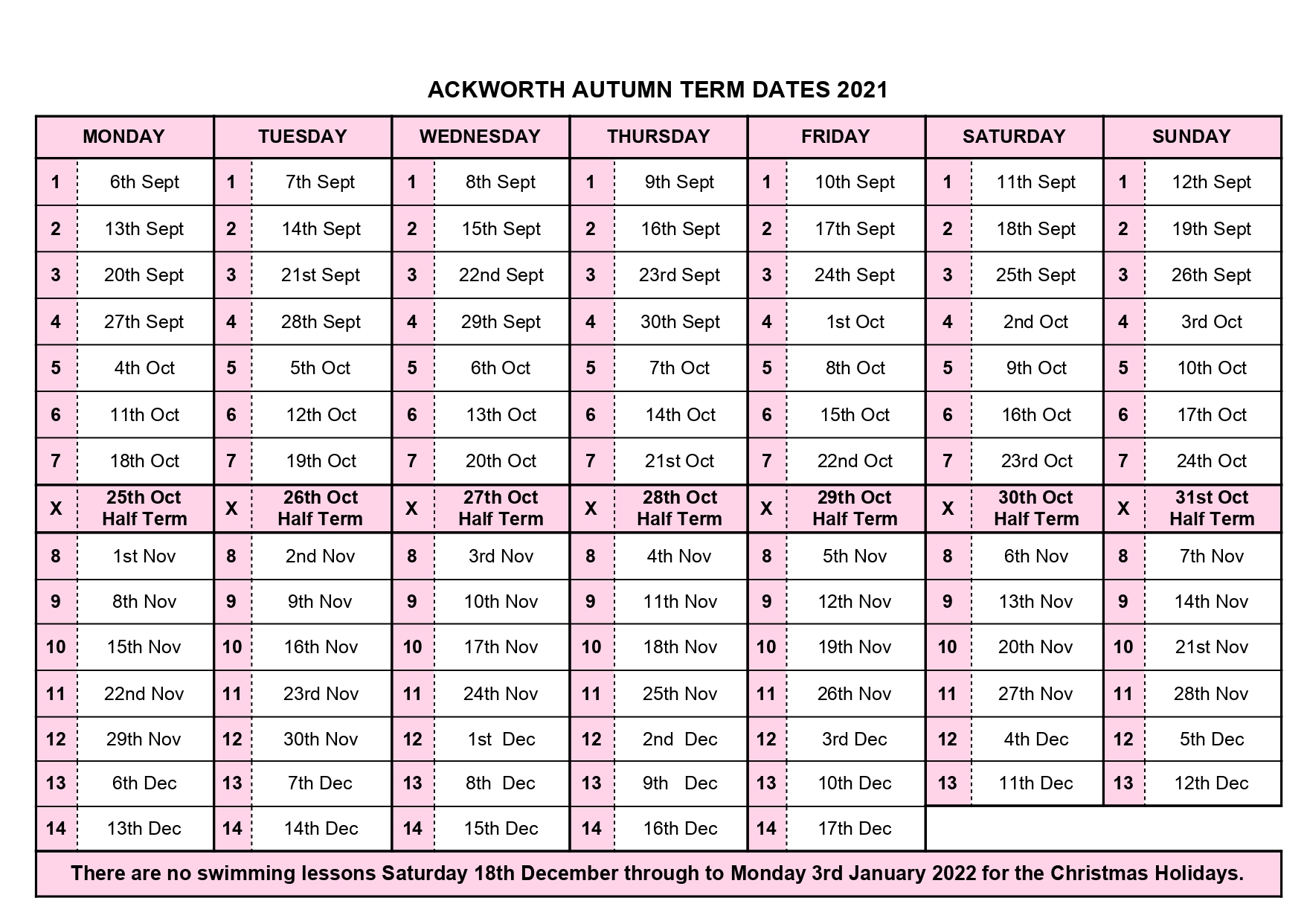 Course Dates | Pisces Swimming School