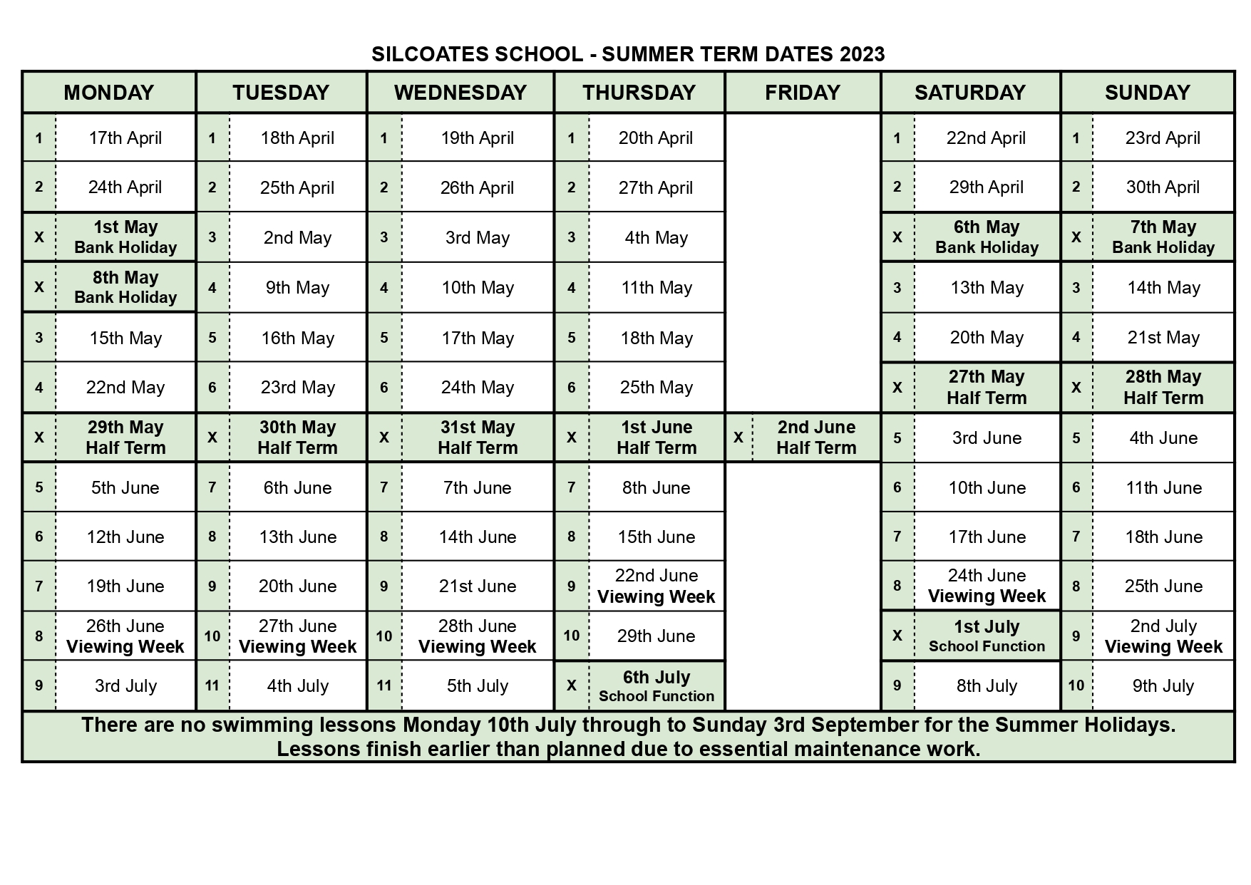 Course Dates | Pisces Swimming School